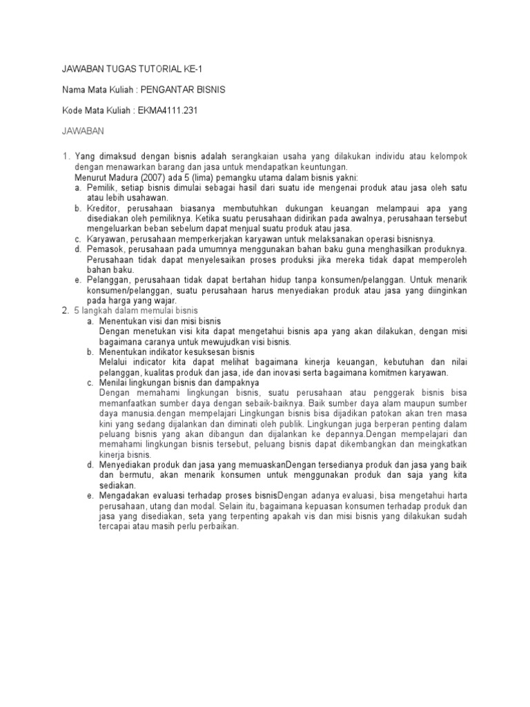 Jawaban Tugas Tutorial Ke-1 Pengantar Bisnis | PDF