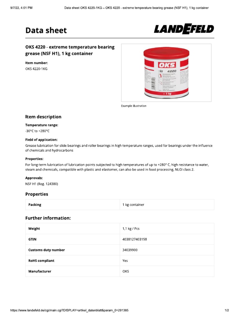 Data sheet OKS 4220-1KG – OKS 4220 - ex...earing grease (NSF H1), 1 kg ...