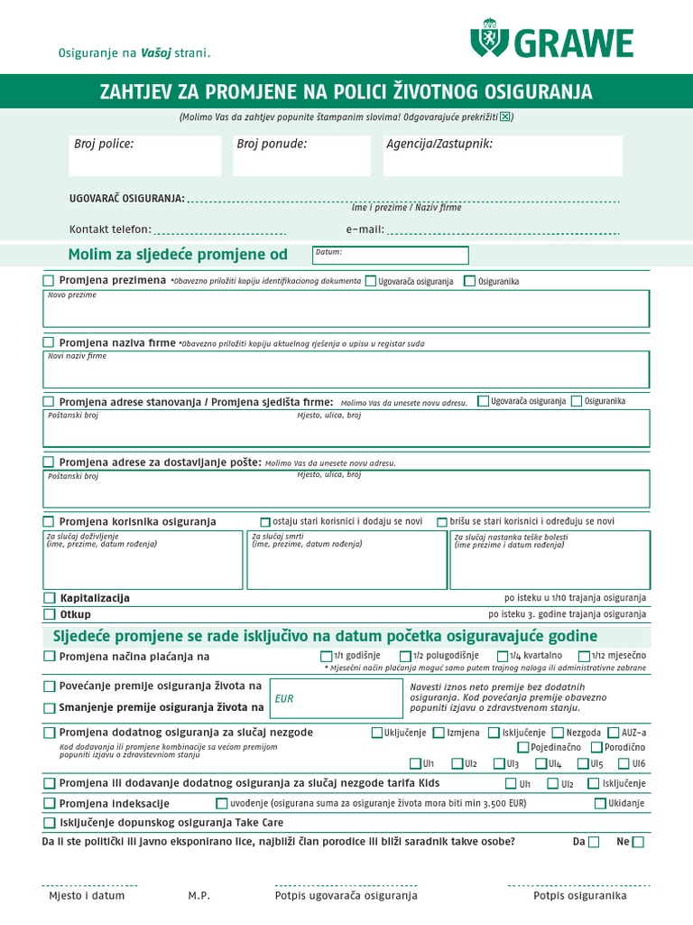 Zahtjev Za Promjene Na Polici Životnog Osiguranja | PDF