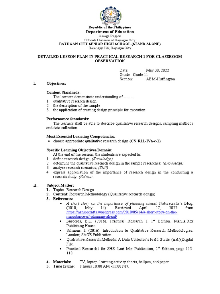 CO Lesson Plan | PDF | Qualitative Research | Sampling (Statistics)