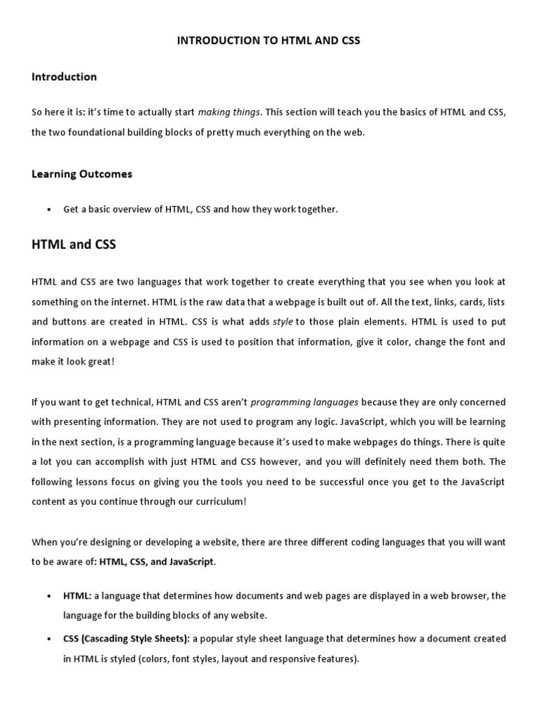 Introduction To HTML and Css | PDF | Websites | Html