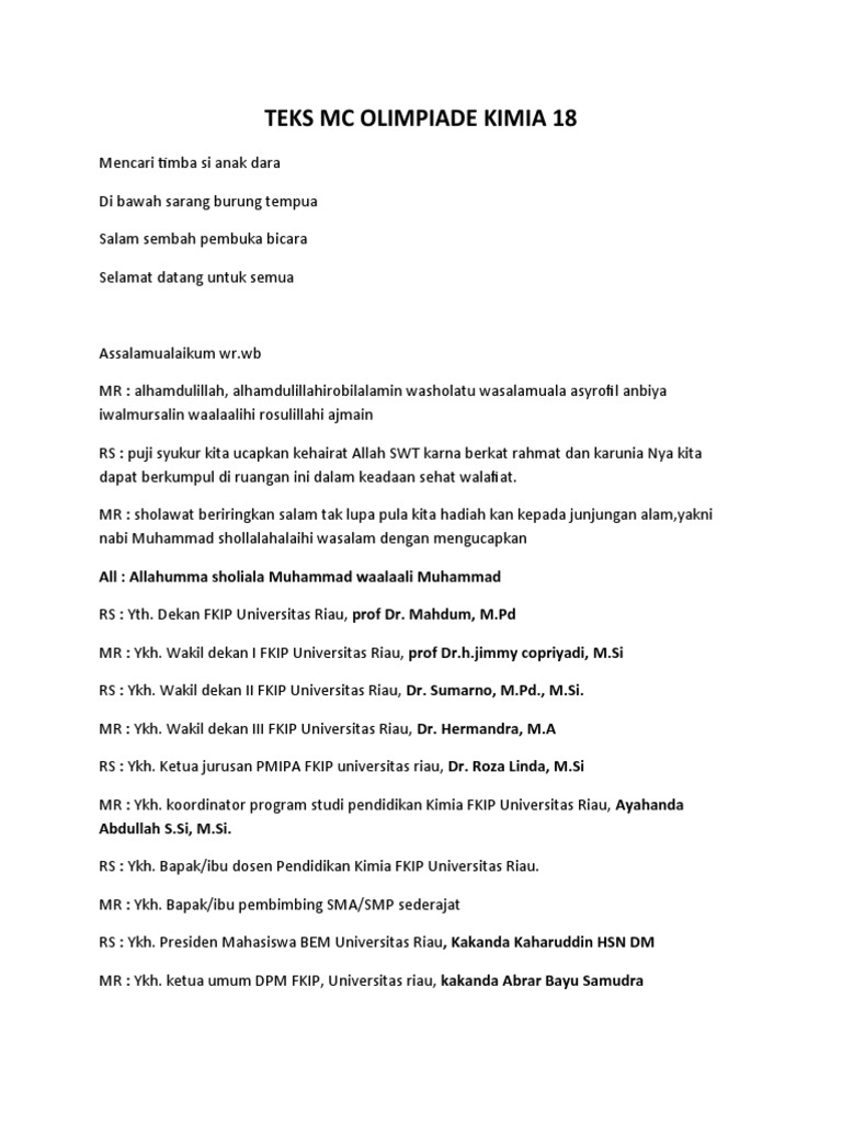 Teks MC Penutupan Olimpiade Kimia 18 | PDF