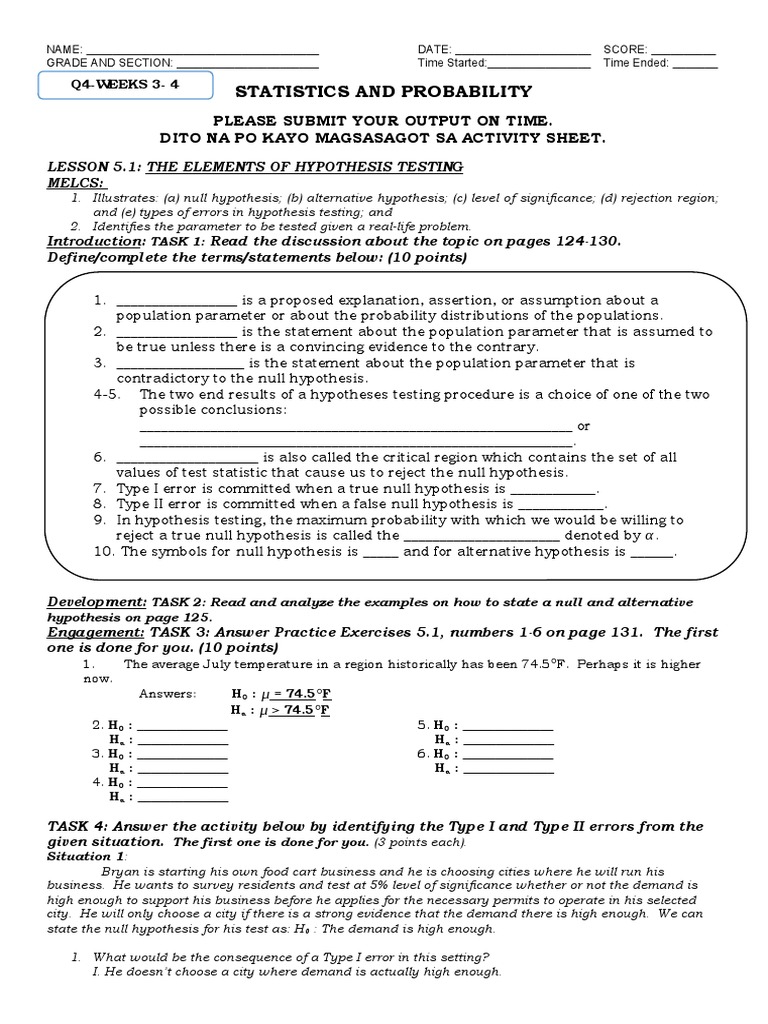 Q4 Weeks 3 4 Hypothesis Testing 1 Pdf Type I And Type Ii Errors Statistical Hypothesis Testing 1504
