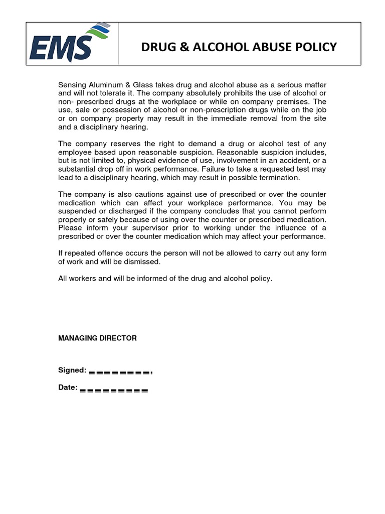 Alchohol and Drug Policy EMS | PDF