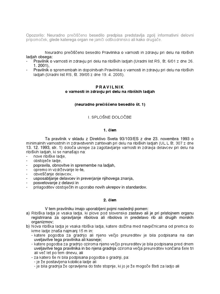 Pravilnik o Varnosti in Zdravju Pri Delu Na Ribiških Ladjah | PDF