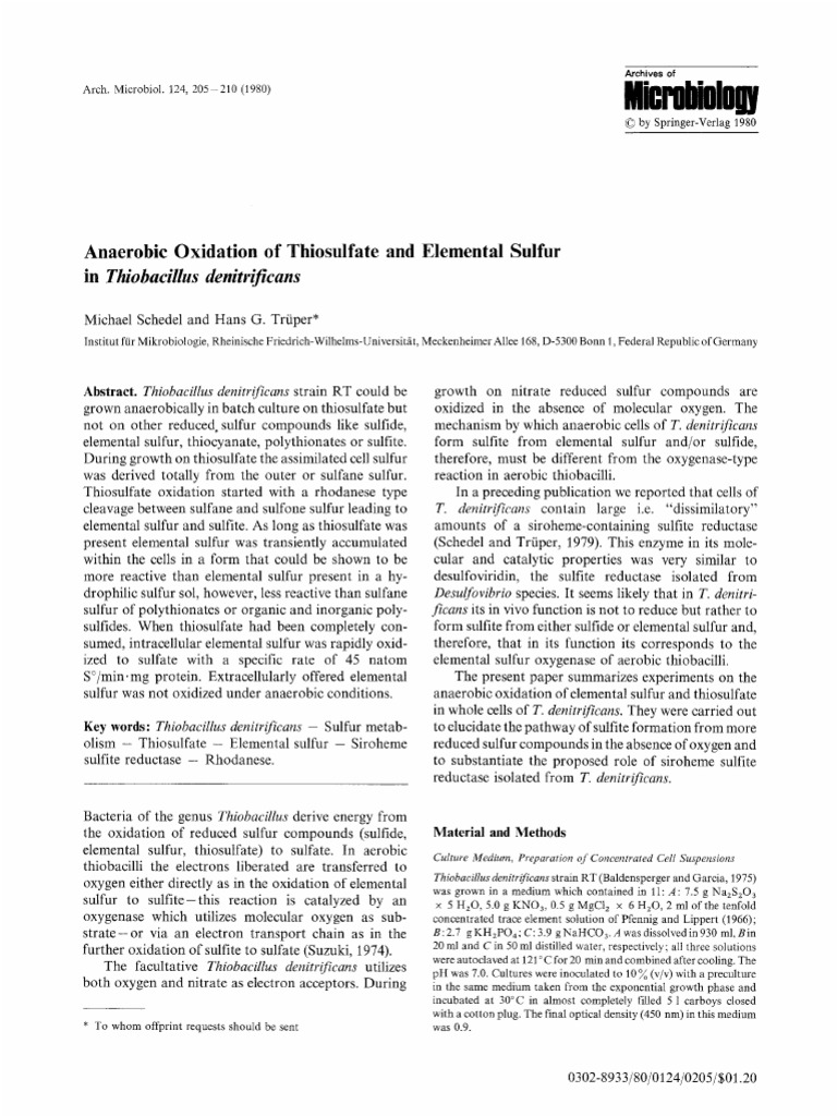 Anaerobic Oxidation of Thiosulfate and Elemental Sulfur in Thiobacillus ...