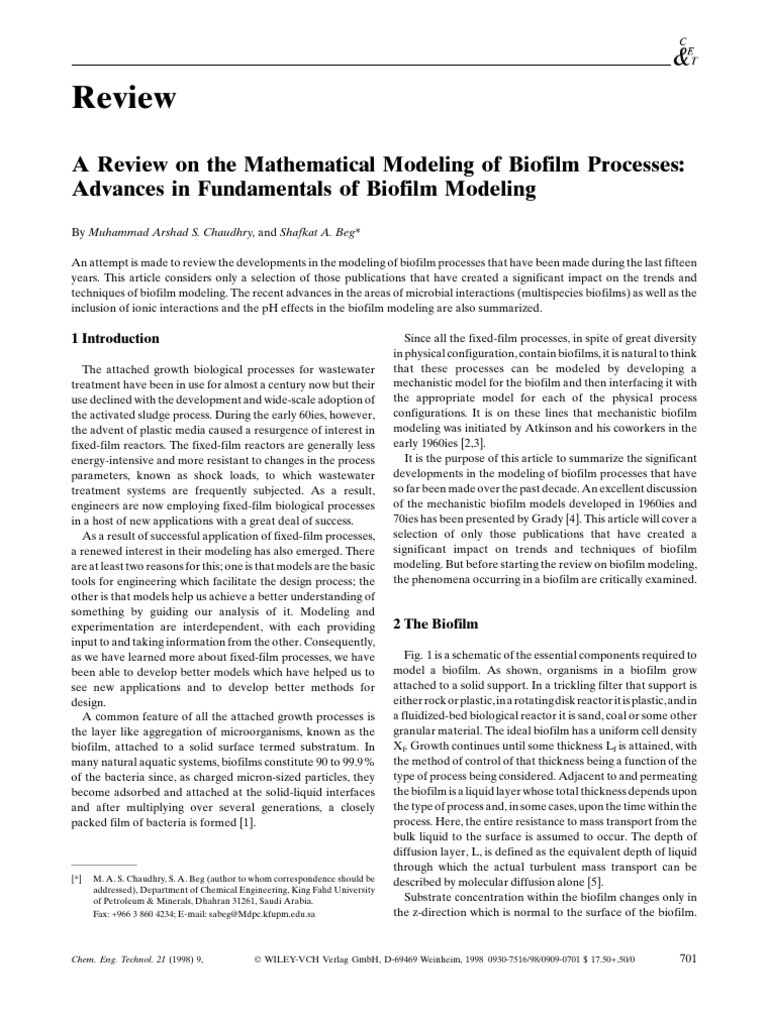 A Review On The Mathematical Modeling of Biofilm Processes Advances in Fundamentals of Biofilm ...