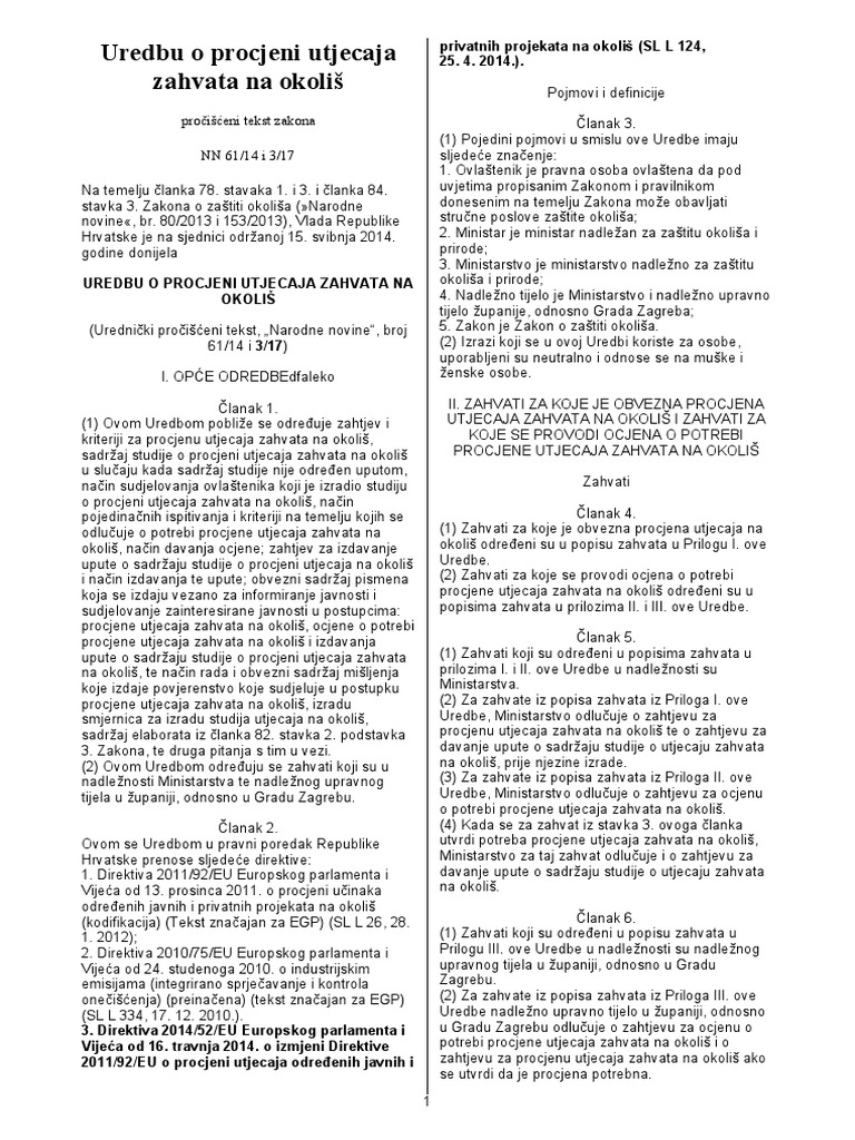 Uredba o Procjeni Utjecaja Zahvata Na Okoliš NN 61-14, 3-17 | PDF