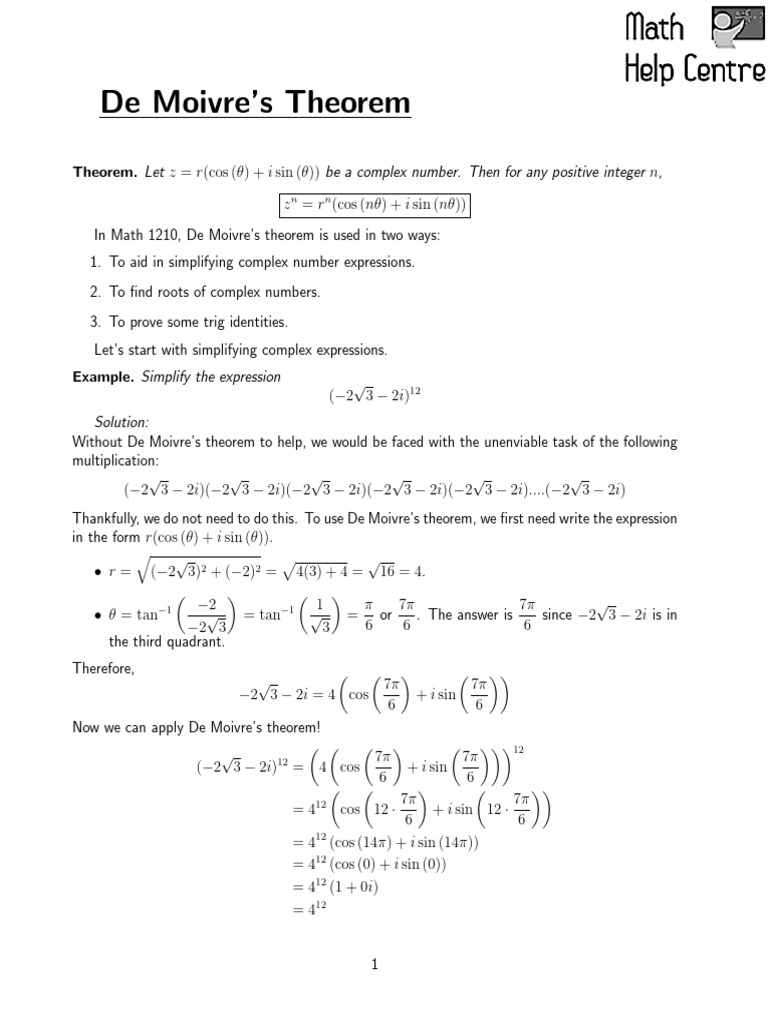 De Moivre's Theorem | PDF | Square Root | Complex Number