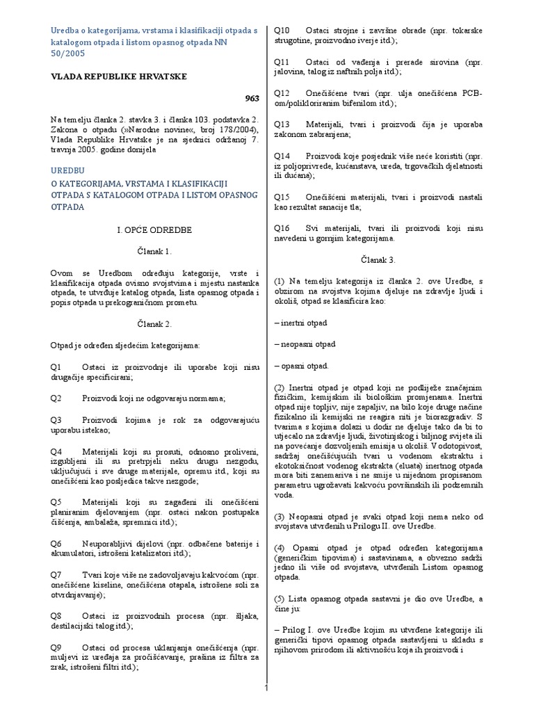 Uredba o Kategorijama Otpada | PDF