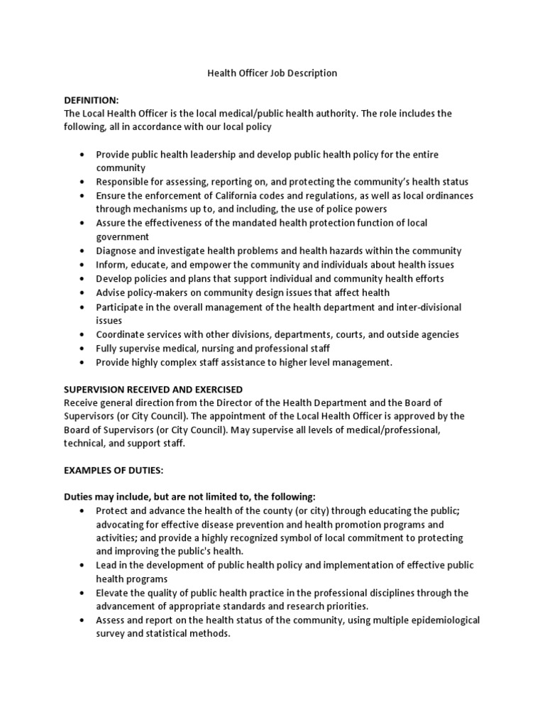 Model Health Officer Job Description | PDF | Public Health | Medicine