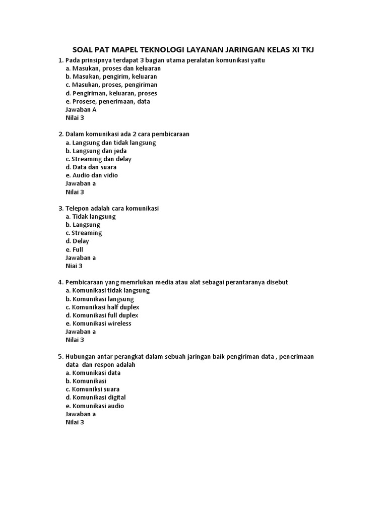 Kisi Kisi Soal Pat Mapel TLJ Kelas Xi TKJ | PDF
