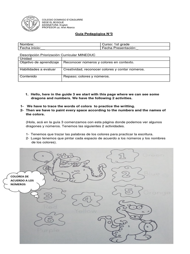 Guía N°3 Inglés 1° Básico | PDF