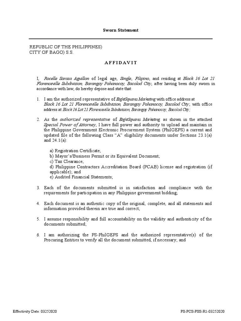PhilGEPS Sworn Statement Template | PDF | Government | Justice