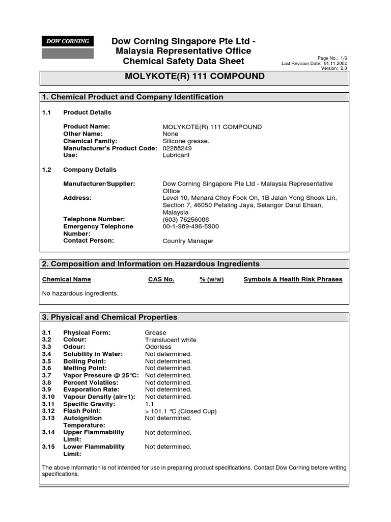 Molykote 111 Compound MSDS | PDF | Firefighting | Hazards Molykote 111 Compound MSDS | PDF | Firefighting | Hazards