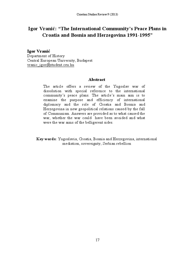 Igor Vranić The International Community's Peace Plans | PDF | Croatia
