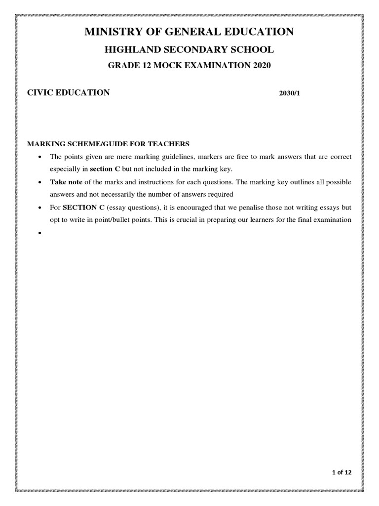 Grade 12 Civic Education Mock Exam Guide | PDF | Cost Of Living | Budget