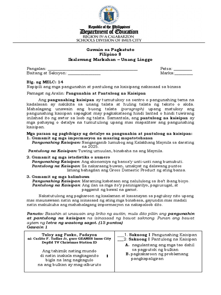Gawain Sa Pagkatuto Filipino 8 Ikalawang Markahan - Unang Linggo | PDF