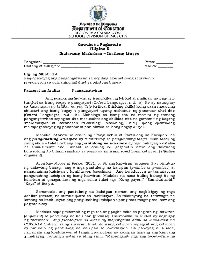 Gawain Sa Pagkatuto Filipino 8 Ikalawang Markahan - Ikatlong Linggo | PDF