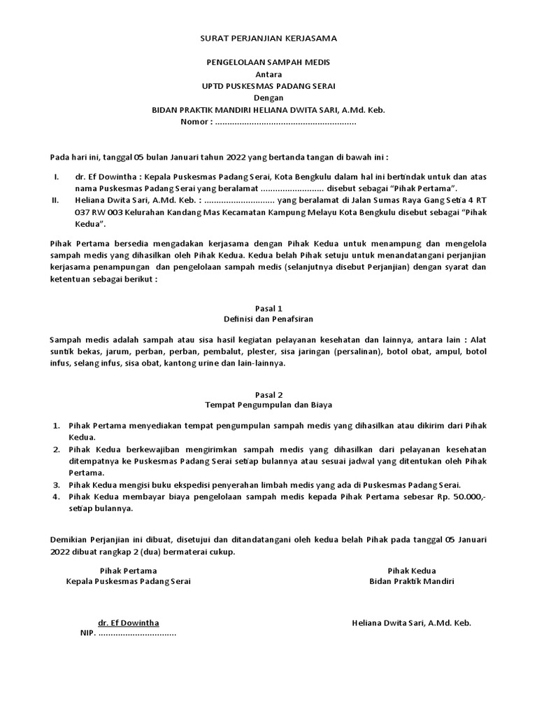Surat Perjanjian Kerjasama Pengelolaan Sampah Medis | PDF