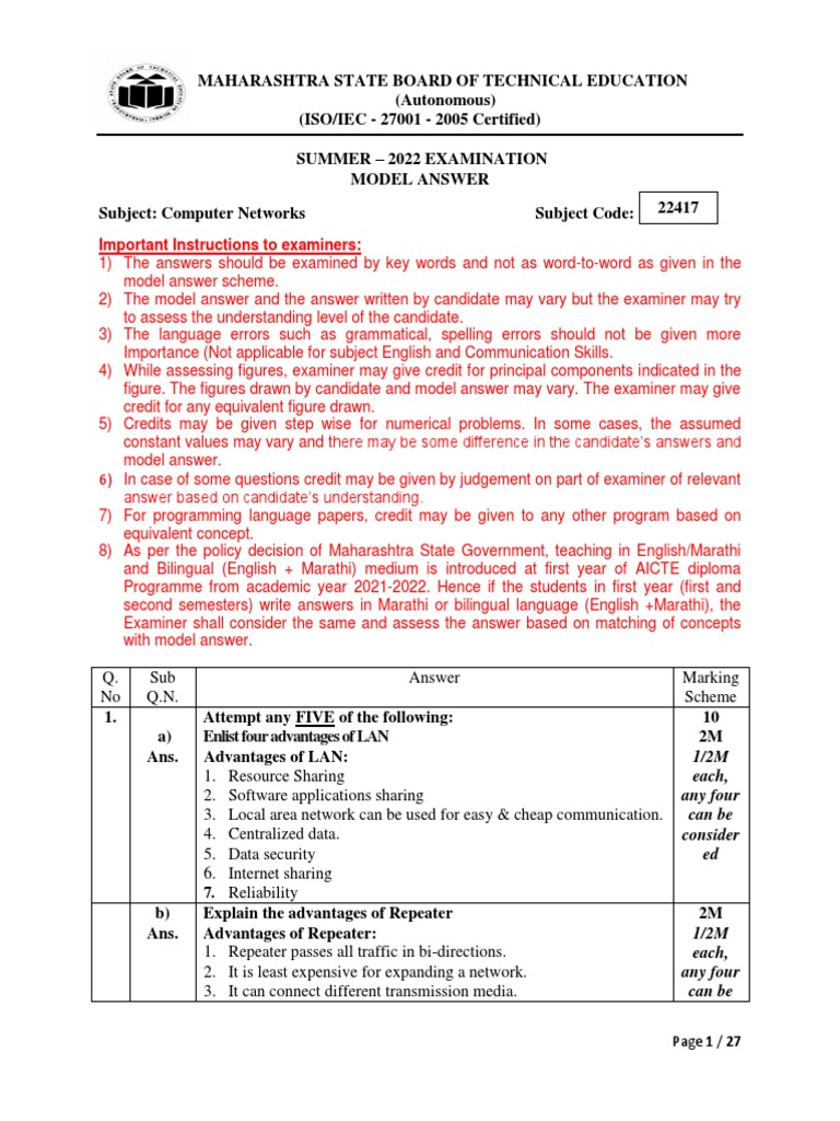 Important Instructions To Examiners:: Enlist Four Advantages of LAN | PDF | Osi Model | Computer ...