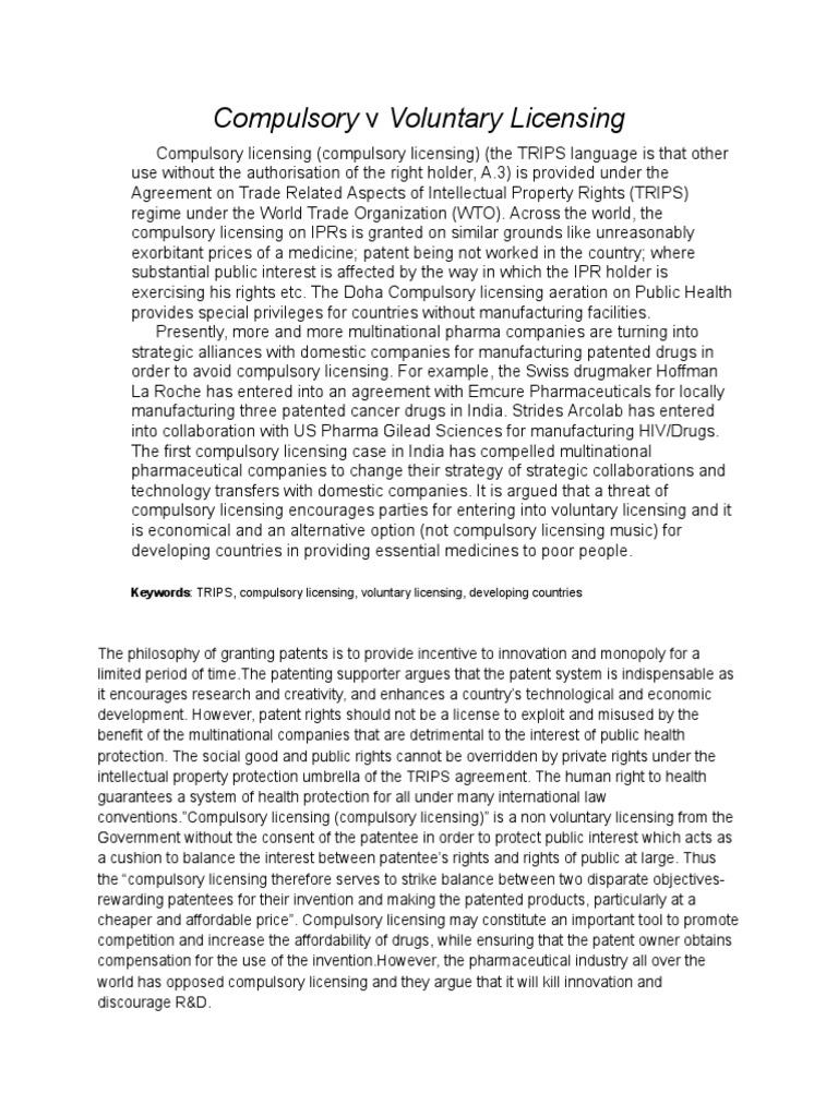 Compulsory V Voluntary Licensing | PDF | Trips Agreement | Patent
