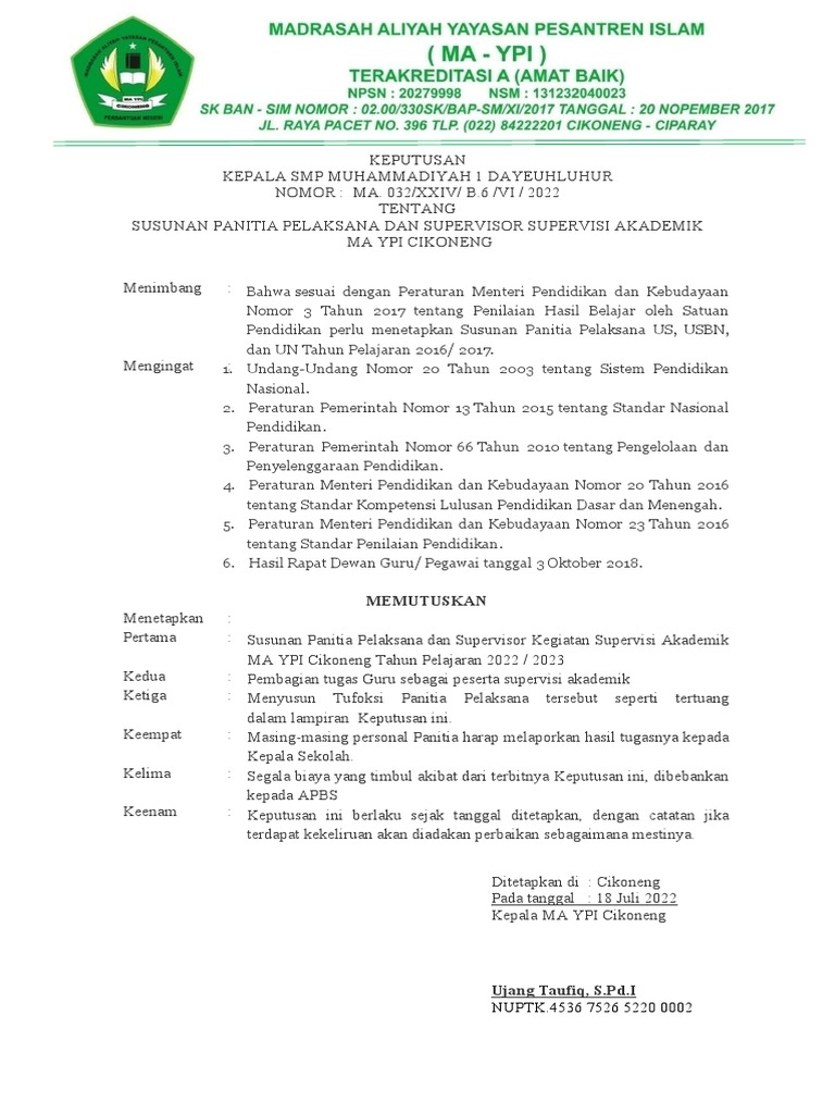 Susunan Panitia Supervisi MA YPI | PDF | Sains & Matematika