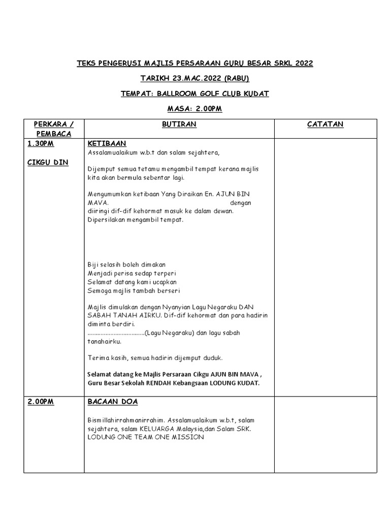 TEKS PENGERUSI MAJLIS PERSARAAN GURU BESAR SRKL 2022 | PDF