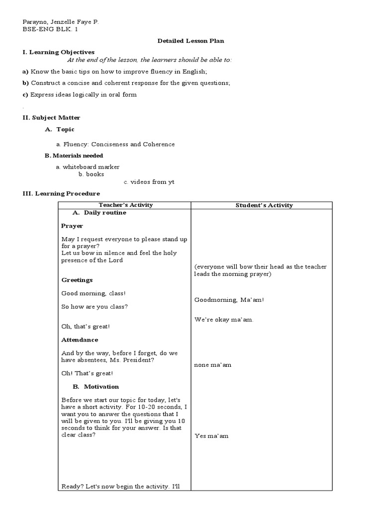 Detailed Lesson Plan - Fluencyy | PDF | Fluency | Cognition