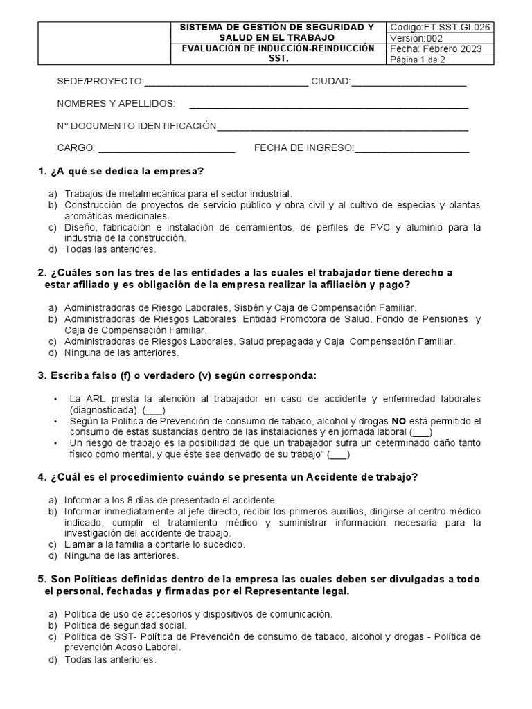 Evaluación Inducción y Reinducción - SST | PDF