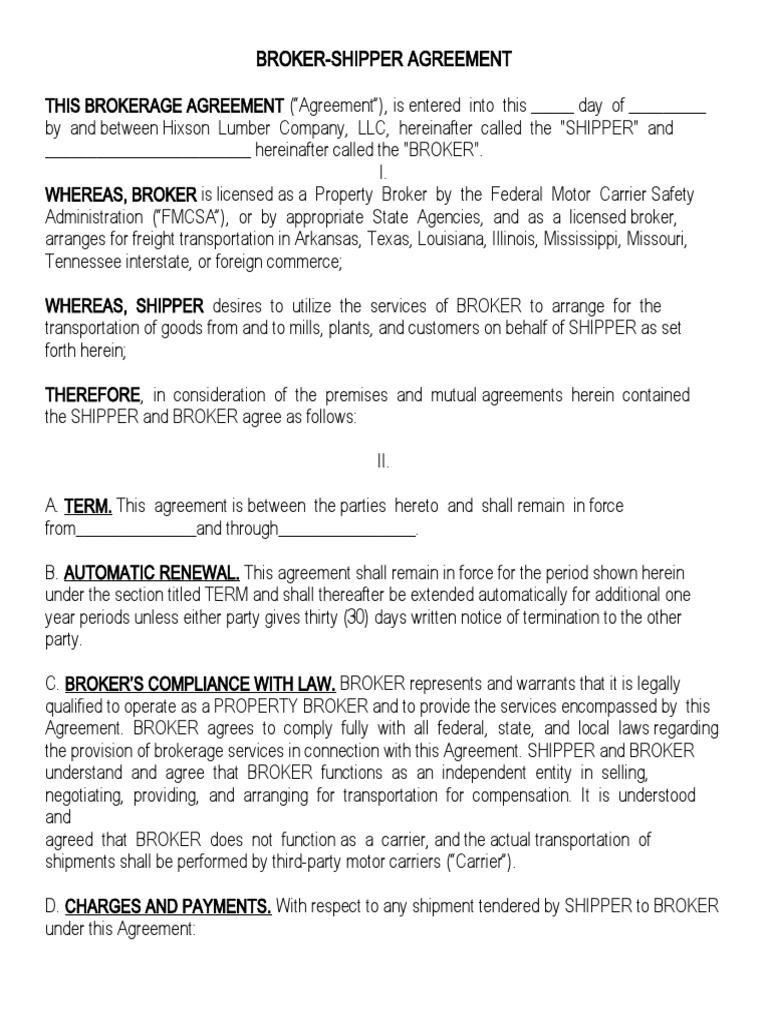 Broker-Shipper Agreement | PDF
