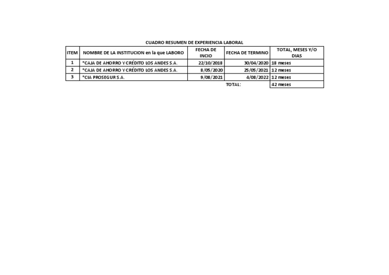 Cuadro Resumen de Experiencia Laboral | PDF