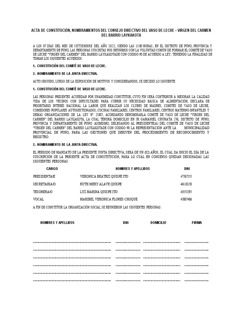 Anexo 002 Modelo de Acta de Constitucion y Nombramiento de Junta Directiva | PDF | Gobierno