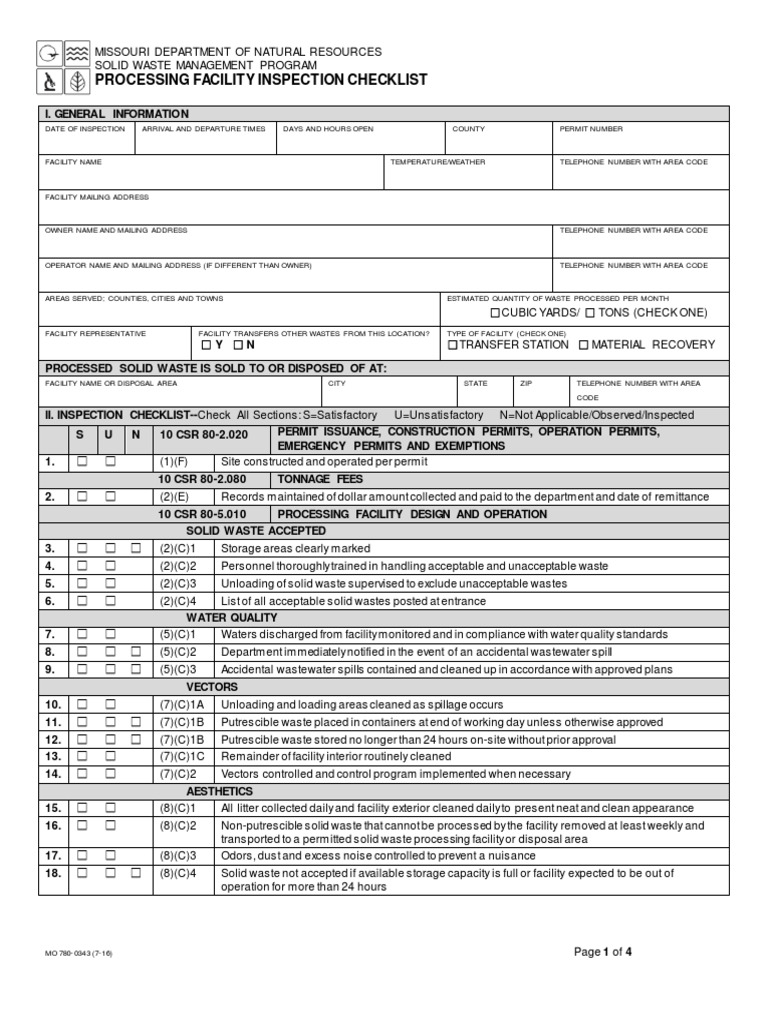 Main - Form Mo 780 0343 Processing Facility Inspection Checklist Solid ...