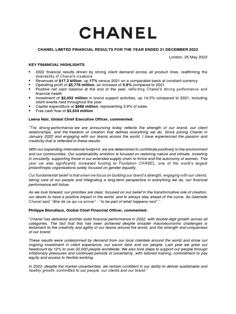 Chanel Limited Financial Results For The Year Ended 31 December 2022 ...