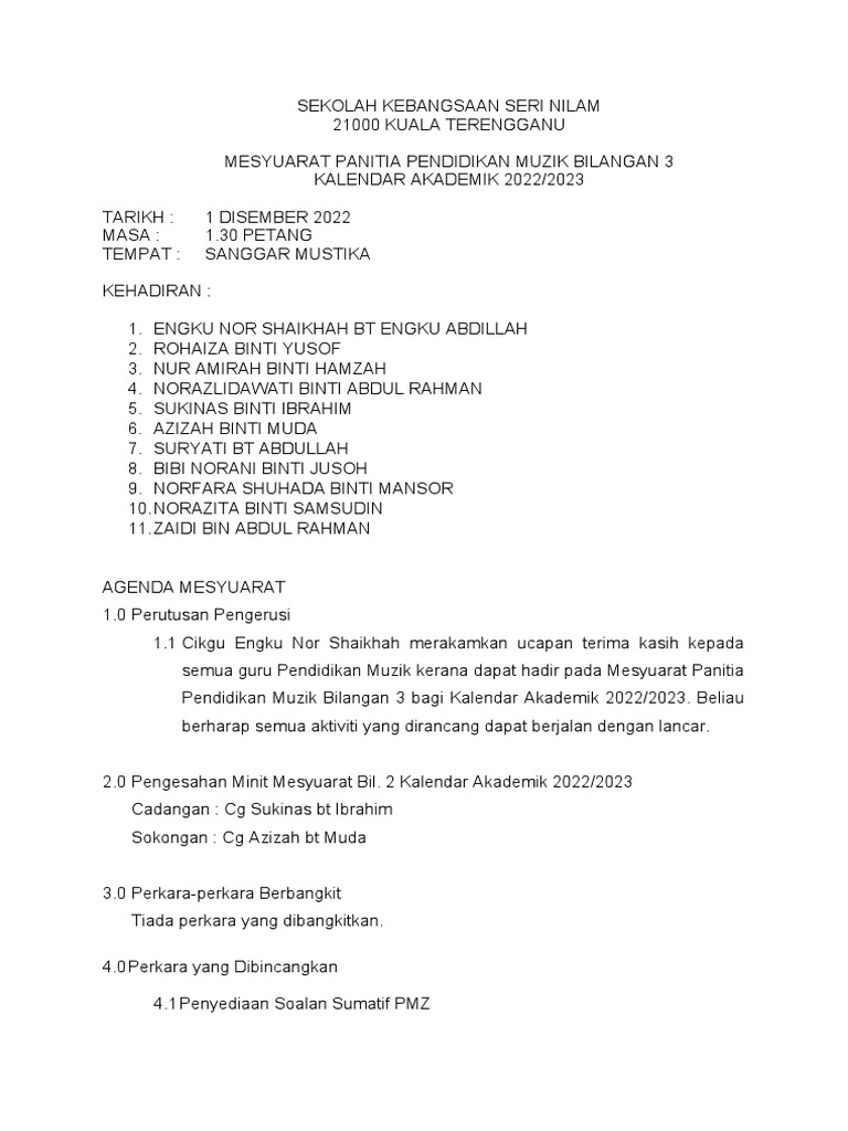 Minit Mesyuarat Panitia PMZ Bil. 3 2022 2023 | PDF
