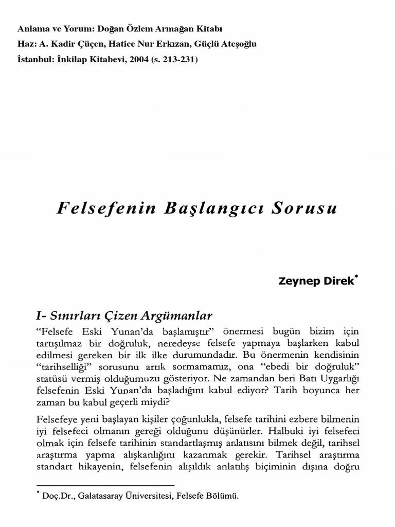 Zeynep Direk - Felsefenin Baslangic Sorusu | PDF
