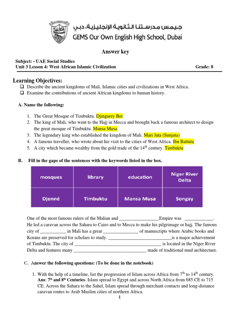 Unit 3 L 4 - African Islamic Civilization - Answerkey | PDF | Africa ...