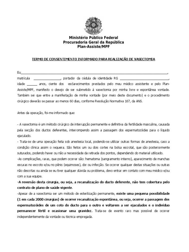 Termo de Consentimento Informado para Realizacao de Vasectomia | PDF ...
