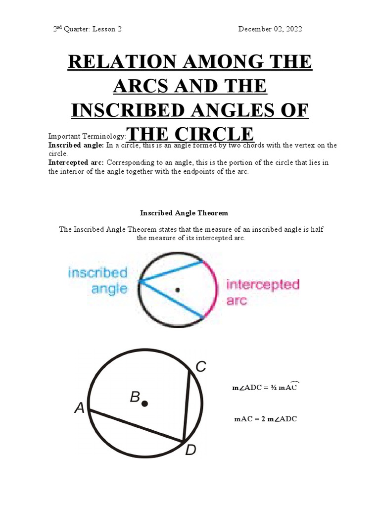 Relation Among the Arcs and the Inscribed Angles of the Circle | PDF
