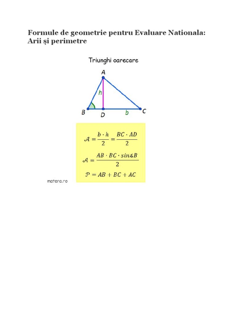 Formule de Geometrie Pentru Evaluare Nationala | PDF