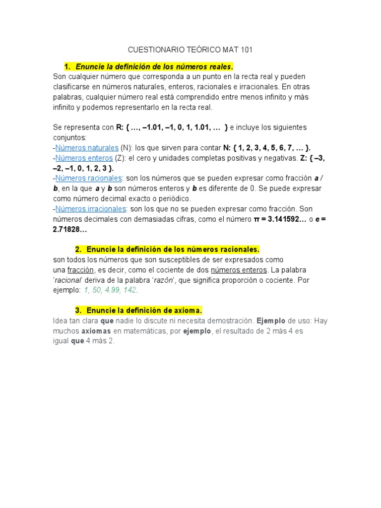 Cuestionario Teórico Mat 101 | Descargar gratis PDF | Números | Función (Matemáticas)