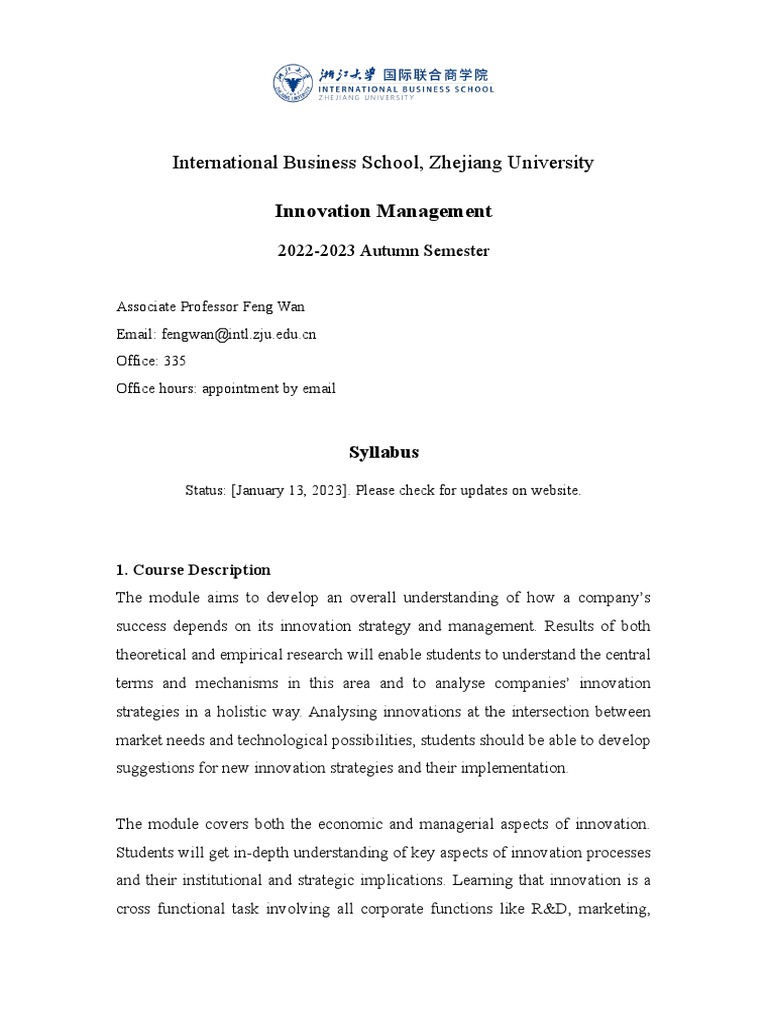 Innovation Management Course Syllabus | PDF | Innovation | Plagiarism