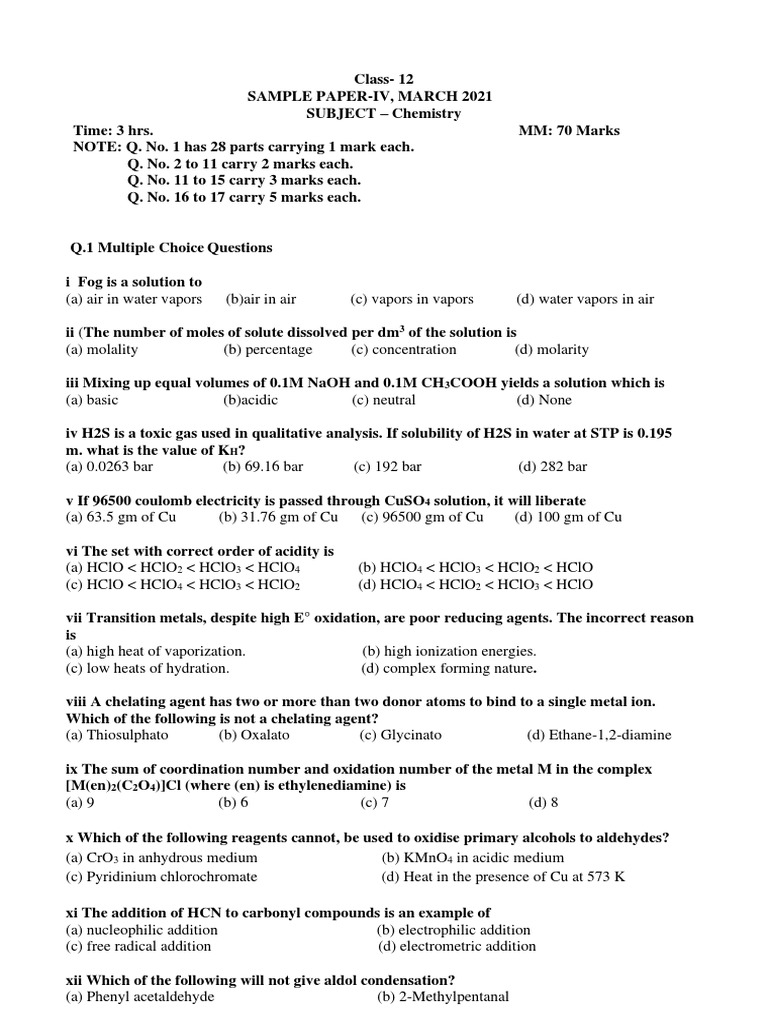 Class 12 Chemistry Sample Paper 4 - Anjali | PDF | Adsorption | Aldehyde Class 12 Chemistry Sample Paper 4 - Anjali | PDF | Adsorption | Aldehyde