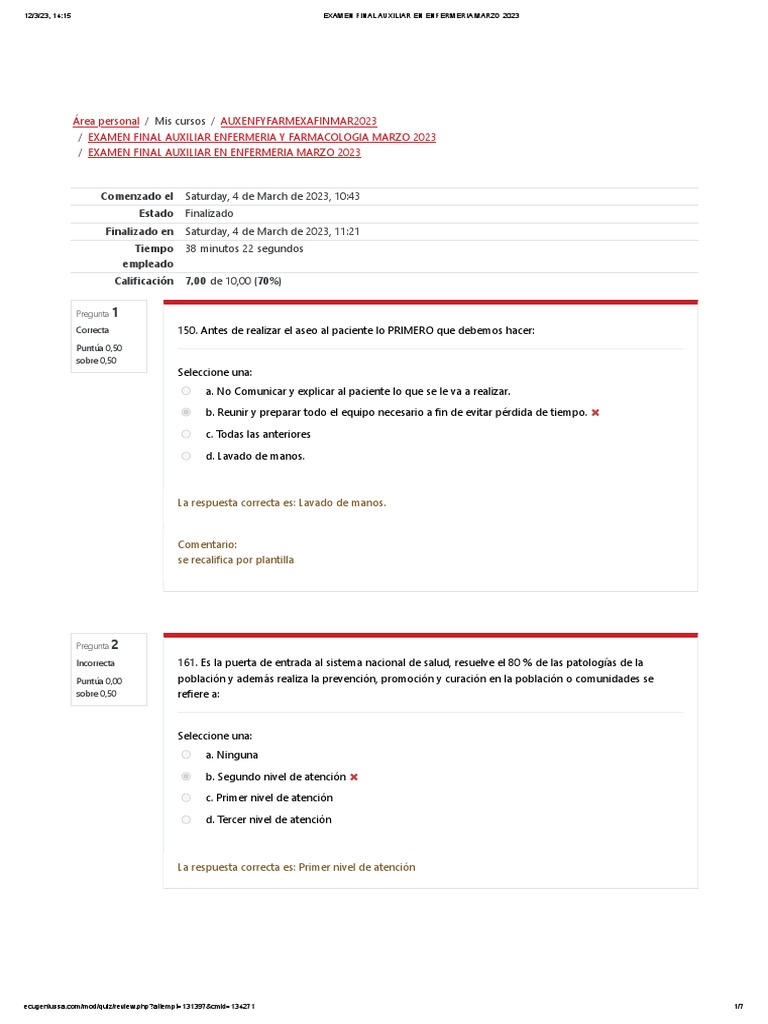 Examen Final Auxiliar en Enfermeria Marzo 2023 | PDF