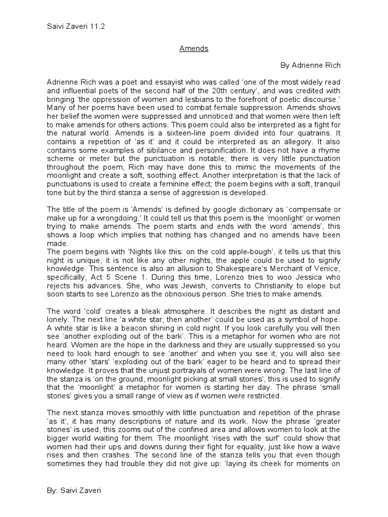 Amends - Analysis | PDF | Poetry