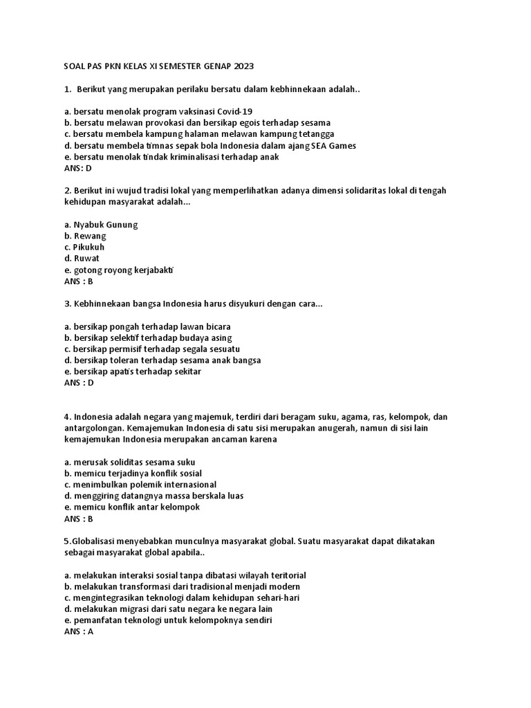Soal Pas PKN Kelas Xi Semester Genap 2023 | PDF