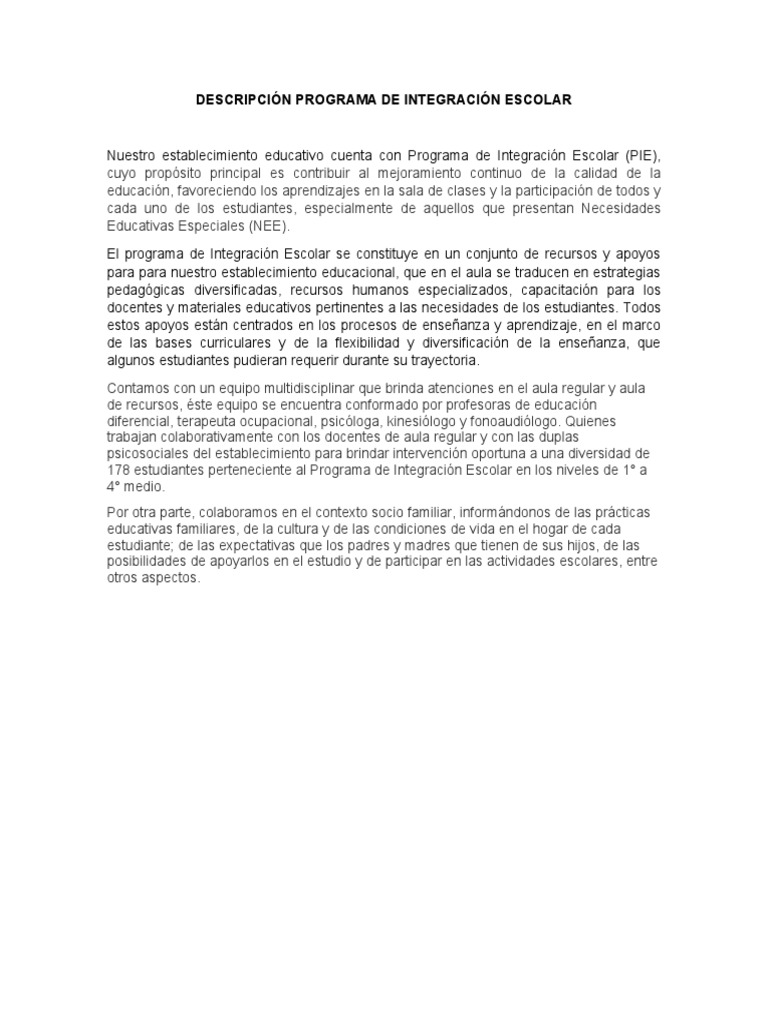 Descripción Programa de Integración Escolar | PDF