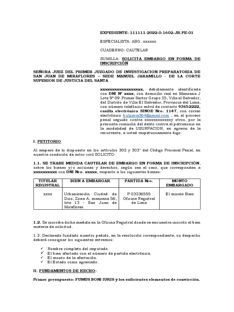 ESCRITO DE EMBARGO EN FORMA DE INSCRIPCION Scrib | PDF | Mandato | Ley ...