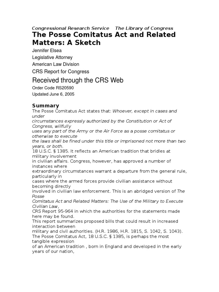 Posse Comitatus Act Report To Congres 2005 | PDF | United States Armed ...